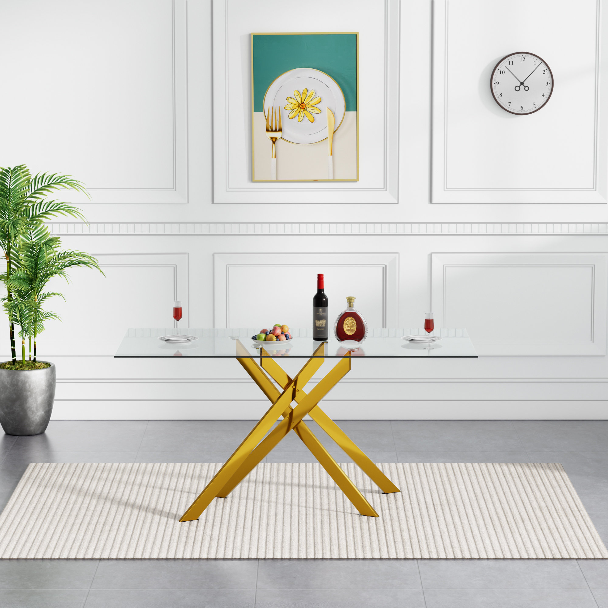 Mercer41 51" Rectangular Glass Dining Table for 4, Modern Kitchen Glass Top Table with Metal ...